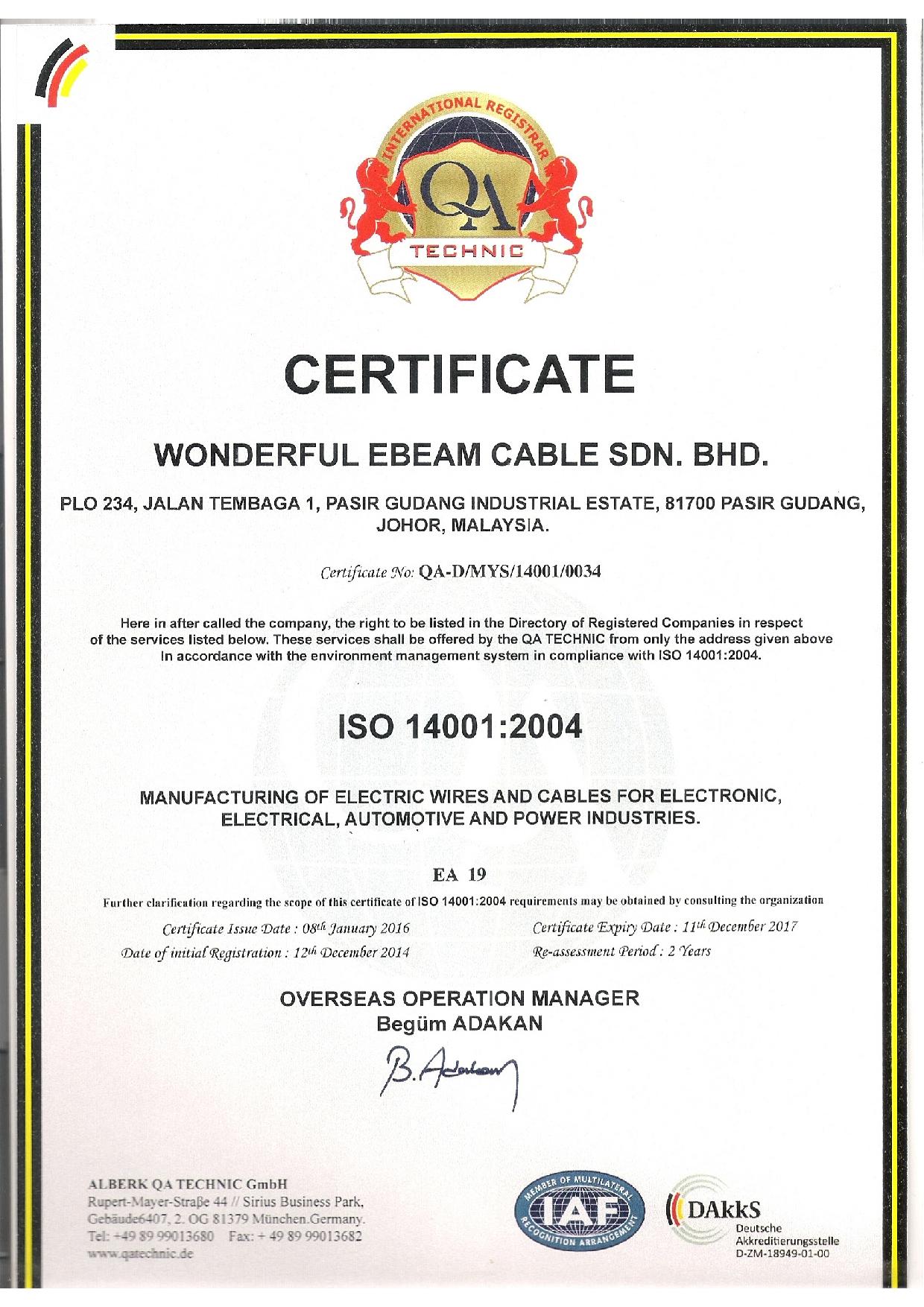 Product Certifications | Wonderful Ebeam Cable Sdn Bhd