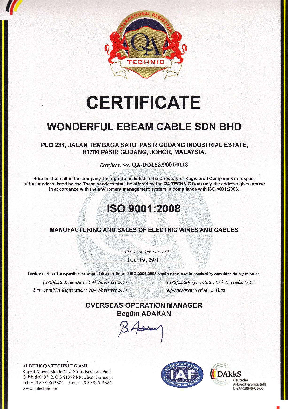 Product Certifications | Wonderful Ebeam Cable Sdn Bhd